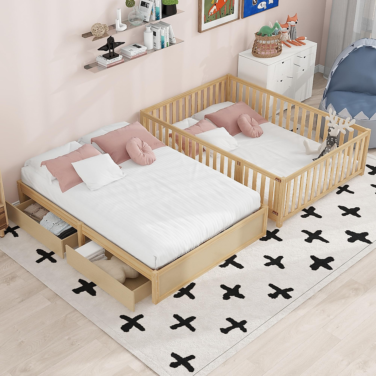 HomSof Full Size Wood Daybed with Fence Guardrails and 2 Drawers, Split into Independent Floor Bed & Daybed, Natural