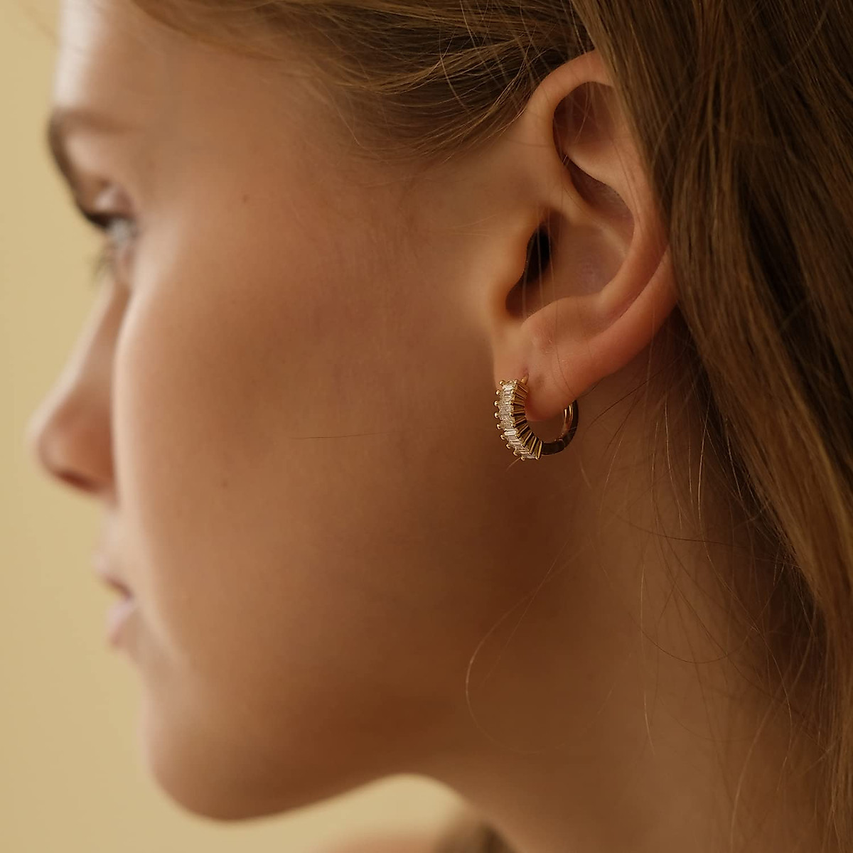 18K Gold Plated Baguette CZ Hoop Earrings | Sterling Silver Small Gold Hoops 10mm | Everyday Minimalist Earlobe or Cartilage Second Hole Earrings