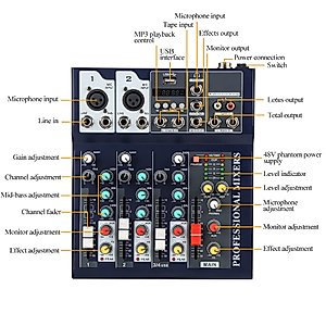 Dj Mixers 4 Channel Audio Mixer Sound Board with Bluetooth, Usb Audio Interface with 48V Phantom Power Sounds Mixer Board with FX Reverb Delay Effect for Streaming
