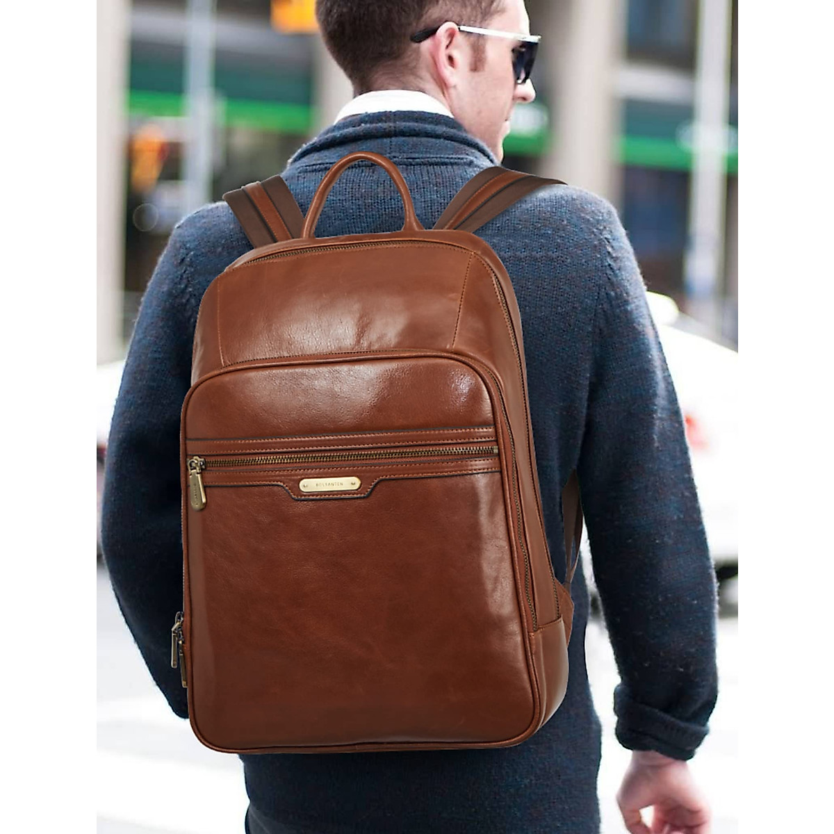 BOSTANTEN Men Leather Backpack, Vegetable Tanned Full Grain Leather 15.6 Inch Computer Backpack Business Work Daypack Vintage Travel Bags Redbrown