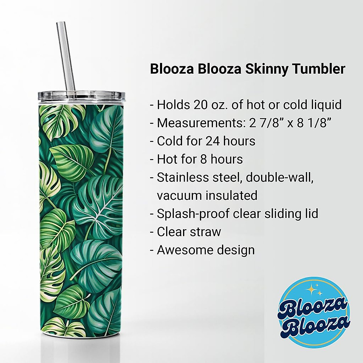 Monstera Leaves Pattern Skinny Tumbler 20oz with Straw Insulated Water Bottle Gift