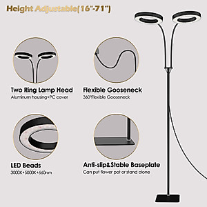 GLOWRIUM Grow Light with Stand,2-Head LED Plant Light for Indoor Plants, Full Spectrum Grow Lamp, 3/9/12H Timer, 6 Dimmable Levels, 3 Lighting Mode, Adjustable Height