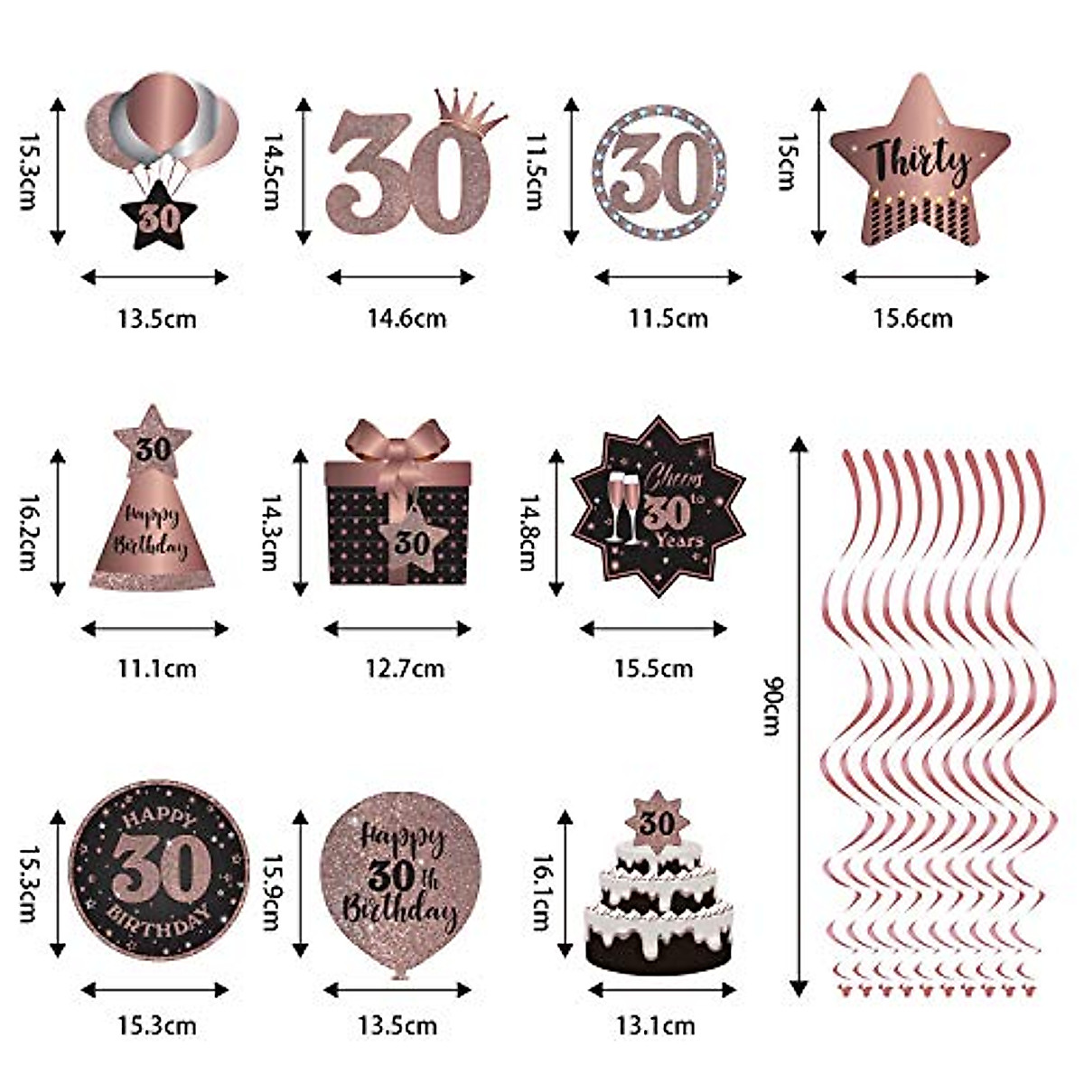 Happy 30th Birthday Party Hanging Swirls Streams Ceiling Decorations, Celebration 30 Foil Hanging Swirls with Cutouts for 30 Years Rose Gold Birthday Party Decorations Supplies