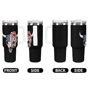 U.S Flag Cow Skull Tumbler with Handle Travel Mug Water Bottle Tea Coffee Cup White-style