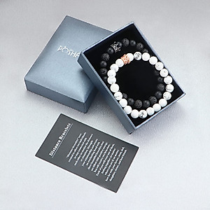 POSHFEEL 8mm Natural Stone CZ Micro Pave Crown King Queen Beads His and Hers Couple Bracelet, 7.5" (Black&White-2)