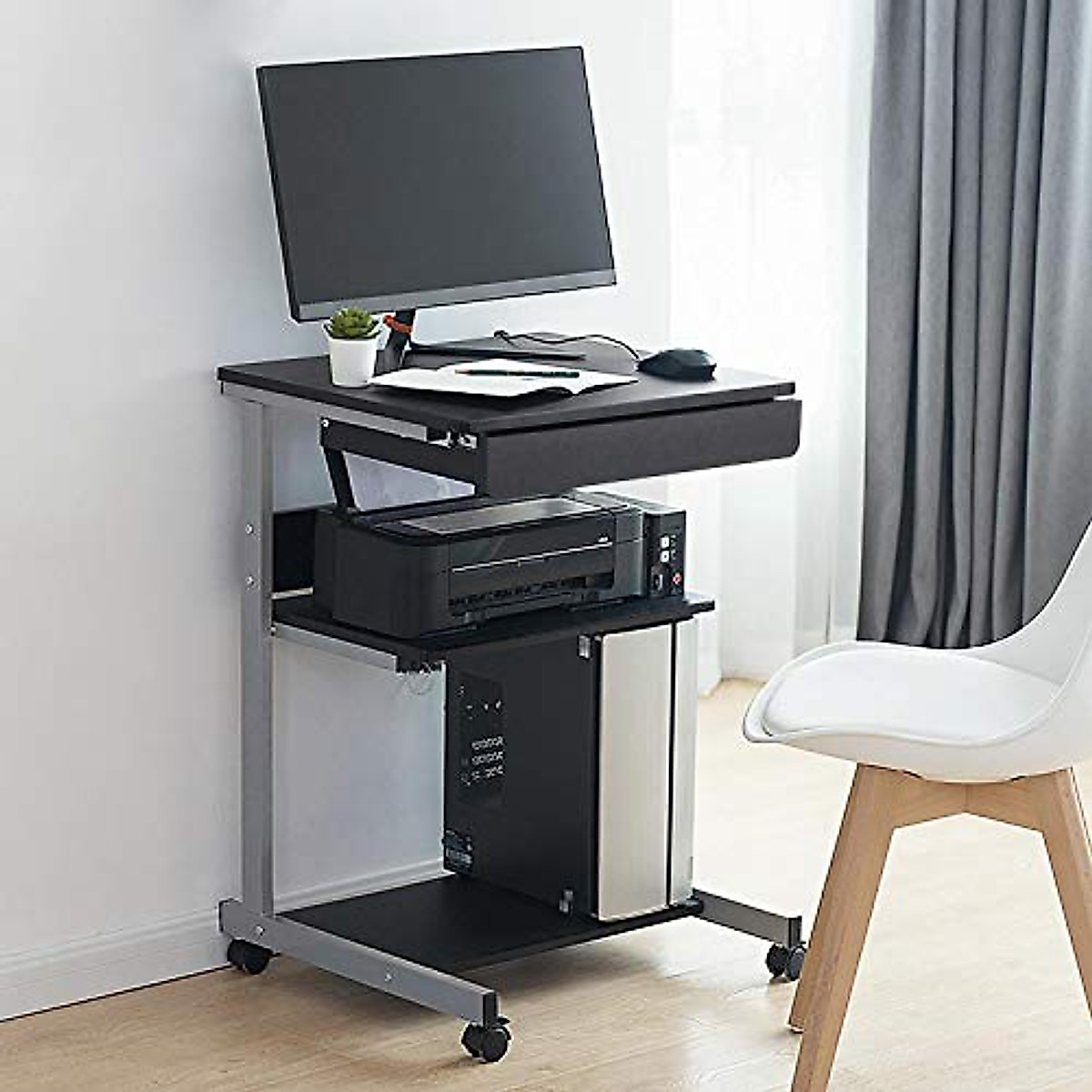 Yaheetech Mobile Computer Desk Cart, Small Rolling Laptop Desk PC Table Workstation with Drawer and Printer Shelf, Writing Desk Table for Small Space/Home Office