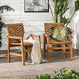 Walker Edison 2 Piece Outdoor Patio Chevron Wood Chair Set All Weather Backyard Conversation Garden Poolside Balcony, Set of 2, Brown