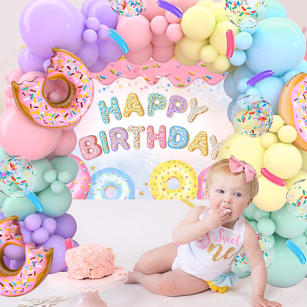 Donut Birthday Party Decorations,140Pcs Sweet One Balloon Garland Arch Kit and Happy Birthday Backdrop,Pastel Confetti Donut Foil Balloons for Donut Grow Up Baby Shower Decor Two Sweet Party Supplies