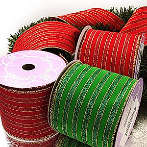 4" X 10 Yards Red Regal Stripes Velvet Wired Ribbon Christmas