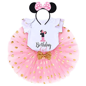 Cake Smash 1st 2nd 3rd Birthday Girl Princess Outfit Polka Dots Dress Ruffle Tulle Tutu Skirt Set Wild ONE Party Dance Fancy Carnival Costume w/Headband Pink-1st 1T