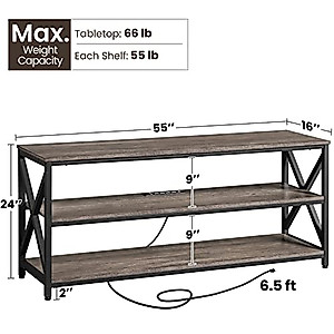 Yaheetech Industrial TV Stand with 3-Tier Storage Shelves, 55" TV Cabinet with Power Outlets for Living Room, Media Entertainment Center TV Console with Charging Station, Metal Frame, Taupe Wood