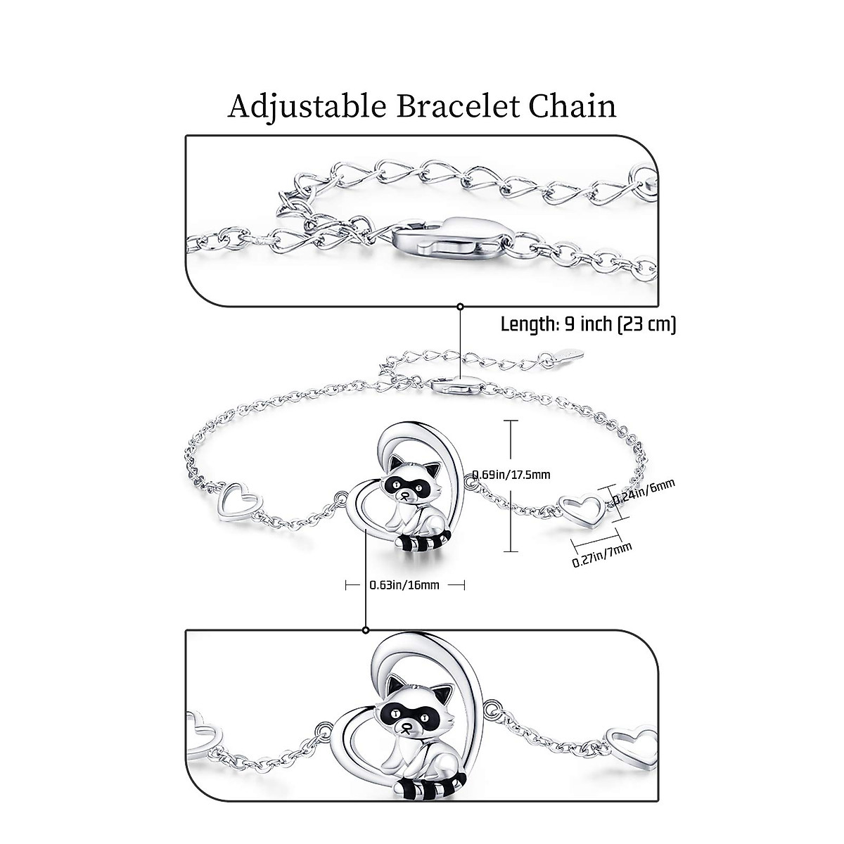 CHENGHONG Raccoon Bracelet Gifts 925 Sterling Silver Heart Charm Bracelet Raccoon Bracelet Animal Jewelry Gifts For Women