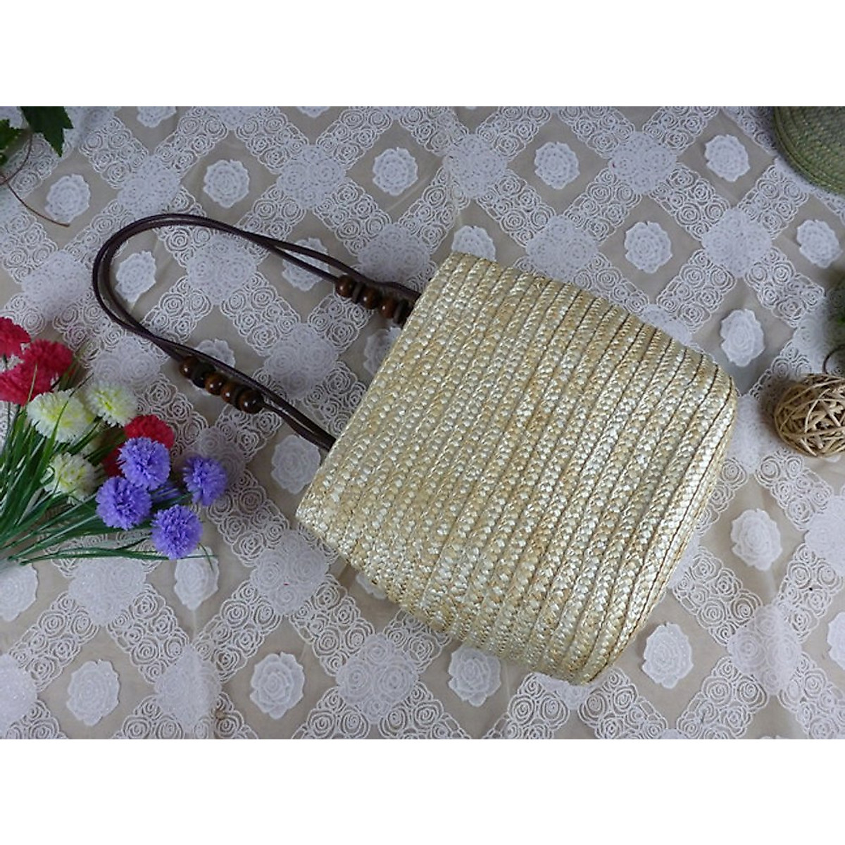 TONWHAR European Style Straw Bag Purse Woven Summer Beach Tote for women (Natural)