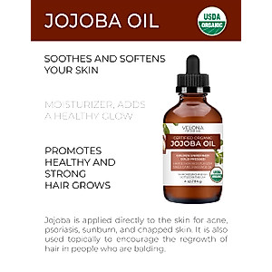 velona Jojoba Oil USDA Certified Organic - 4 fl oz (With Dropper) | Golden, Unrefined, Cold Pressed | Hexane Free