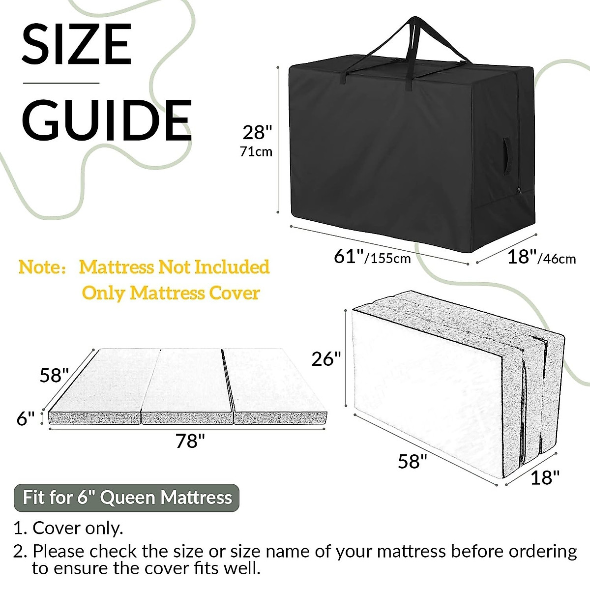 Joymo Foldable Mattress Storage Bag for 6" Queen, Waterproof Folding Mattress Moving Bag for Memory Foam Guest Bed, Dustproof Heavy Duty Tri-Fold Floor Mattress Carrying Case (61"x28"x18")