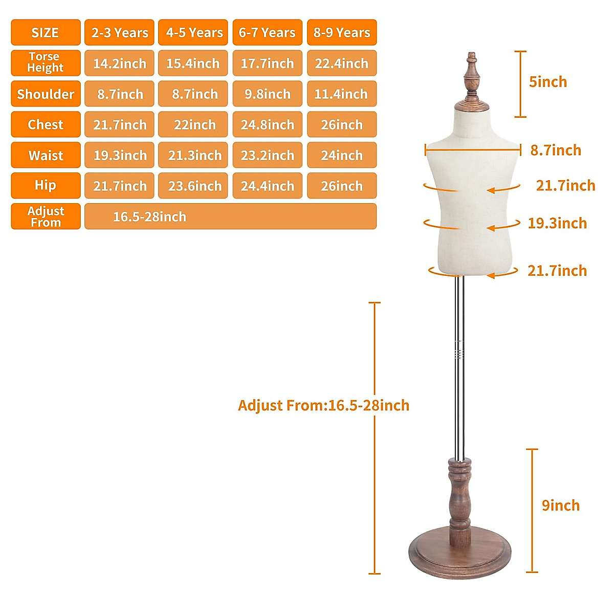 Child Mannequin for Clothes Display, Adjustable Kids Toddler for Apparel Scarf Window Shop Display, 2-3 Years Old, Brown