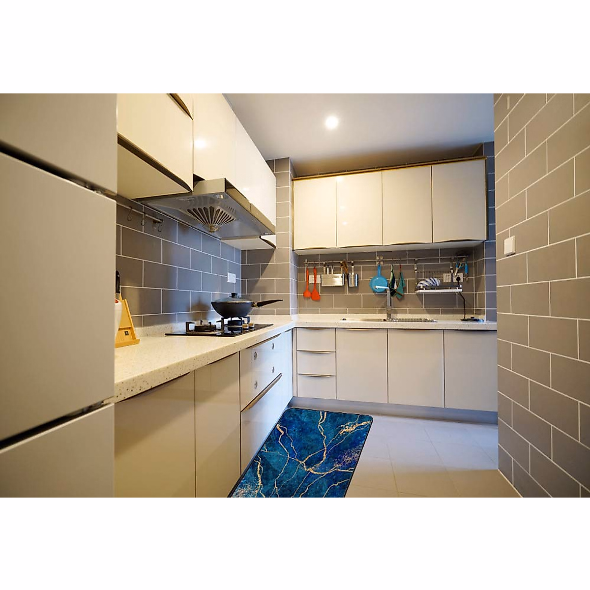 ZHIMI Kitchen Rug Anti Fatigue Kitchen Floor Mat Blue Marble with Gold Long Carpet Non-Slip Laundry Standing Runner Rug Rectangle Entryway Mat 39 x 20 Inch