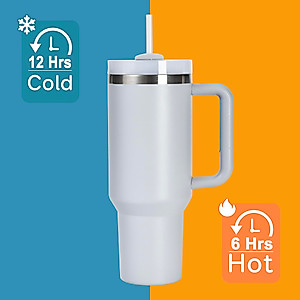 40oz Tumbler with Handle, Straw, Lid, Stainless Steel Vacuum Insulated Water Bottle Adventure Travel Mug Quencher for Iced Coffee, Hot and Cold Tea, Beverage (40oz Light Grey