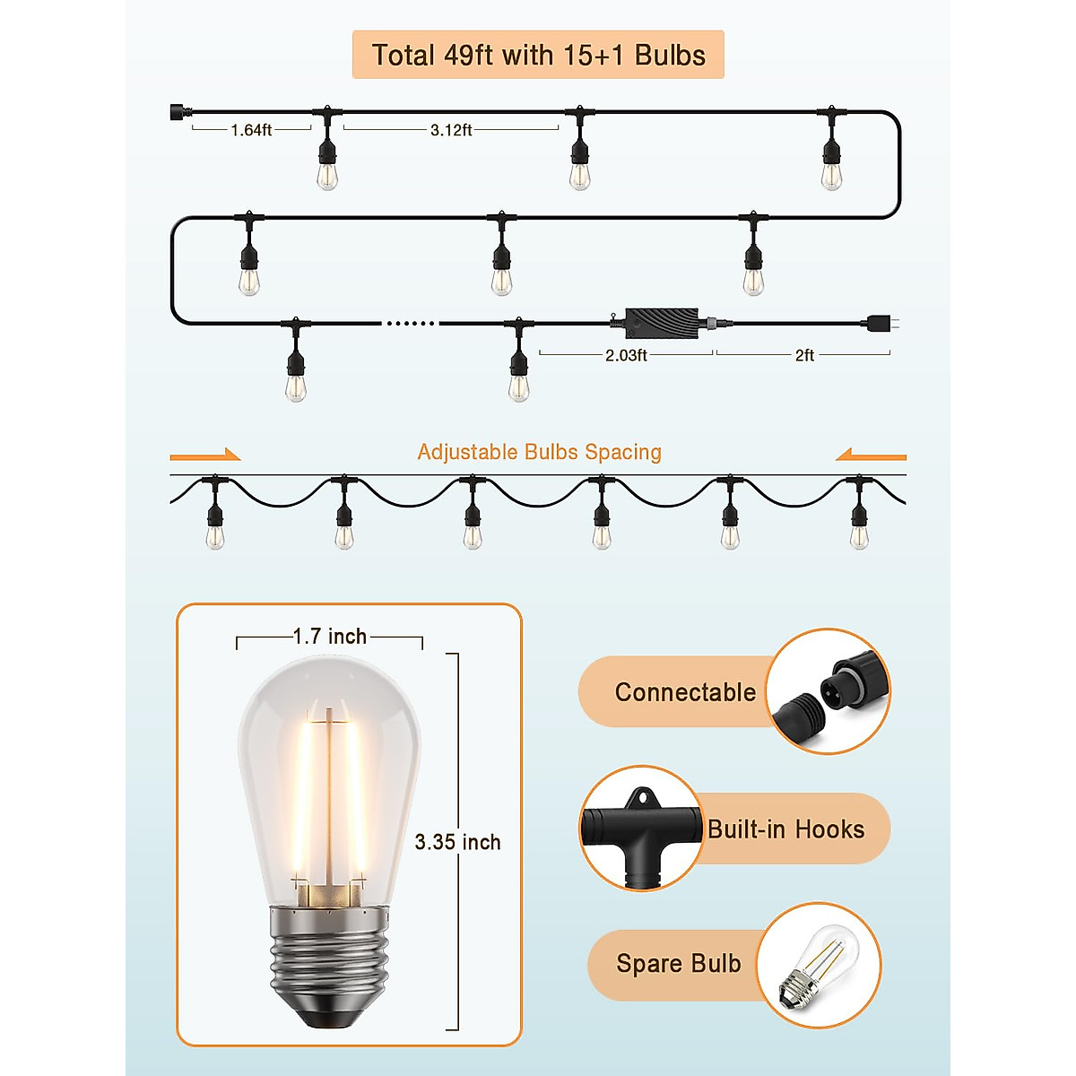 XMCOSY+ Outdoor String Lights, Smart Patio Lights 49Ft, APP WiFi Control, Work with Alexa, 15 LED Edison Bulbs, Waterproof, Extendable, Dimmable String Lights for Outside, Patio, Porch