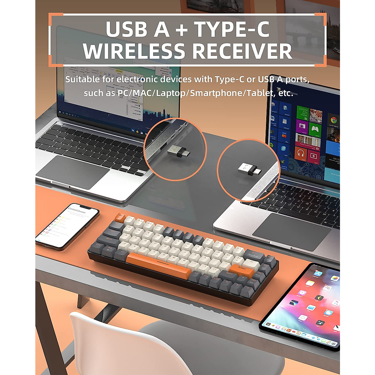 ZIYOU LANG RK68 60% Wireless Mechanical Keyboard, Bluetooth 5.0/2.4Ghz Dual Mode 2-in-1 USB-C Receiver Mini Mechanical Keyboard, Hot Swappable Red Switch Gaming Keyboard for PC/MAC/Laptops
