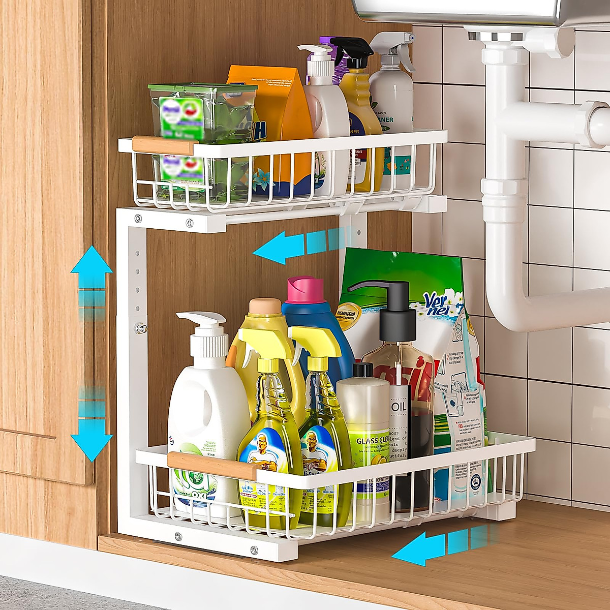 Liuoud Under Sink Organizer 1 pack, 2 Tier Slide Out Under Sink Organizers And Storage, Height Adjustable Pull Out Cabinet Organizer Drawers, Kitchen Bathroom Metal Sink Storage Shelves