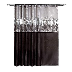 Lush Decor Night Sky Shower Curtain Sequin Fabric Shimmery Color Block Design for Bathroom, 72" x 72", Black & Gray