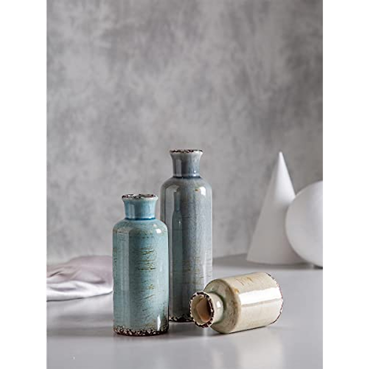 CwlwGO- Ceramic vase 3 Piece Set, Small Rustic Vase for Country Home Decor, Modern Farmhouse/Living Room /Tabletop Decor, Bookcase, Fireplace and Entrance Decorate