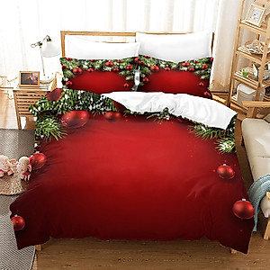 Christmas Bed Duvet Set 3 Pieces, Decorated with Snowflakes and Flowers Red Christmas Screen and Vivid Heart Pattern, Red Christmas Decoration Theme 3 Pieces Set Queen（228x228cm）