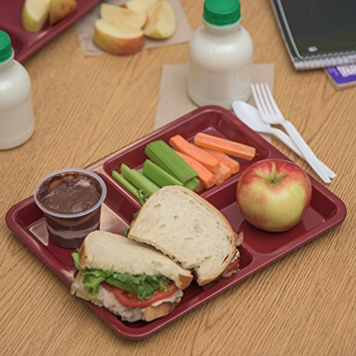 Carlisle FoodService Products Right Hand 4-Compartment Cafeteria / Fast Food Tray, 8.5" x 11", Dark Cranberry