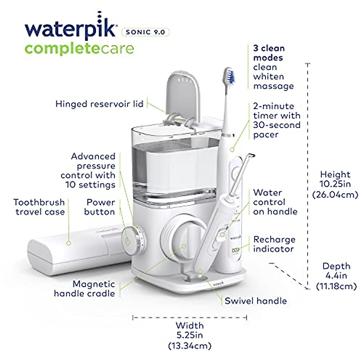 Waterpik Complete Care 9.0 Sonic Electric Toothbrush with Water Flosser, CC-01 White, 11 Piece Set