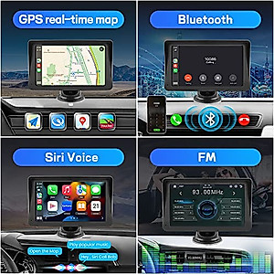 Portable Wireless Apple Carplay and Android Auto Car Radio Stereo, 7 inches IPS Touchscreen Multimedia Player & Bluetooth 5.0 Audio Hands Free Calling, Mirror Link/GPS/Siri