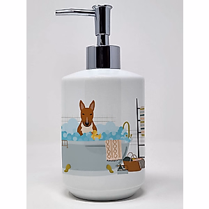 Caroline's Treasures WDK5831SOAP Red Bull Terrier in Bathtub Ceramic Soap Dispenser Hand Soap Dispenser Pump Bottles for Bathroom Kitchen, Empty Refillable Liquid Soap Container