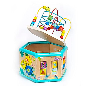 Pidoko Kids Wooden Activity Cube with 2 Tops - Montessori Center Birthday Gifts for 18 Months + Year Old Toddlers - Developmental Learning Baby Girl Boy Toys - Educational Bead Maze Set and Zoo Book