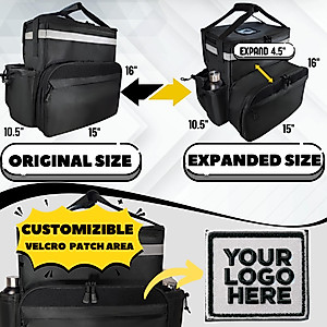 Insulated Food Delivery Backpack made with Expandable 1680D commercial-grade fabric features customizable Velcro patch area for branding, ideal for bike deliveries, Uber Eats, DoorDash, Grubhub