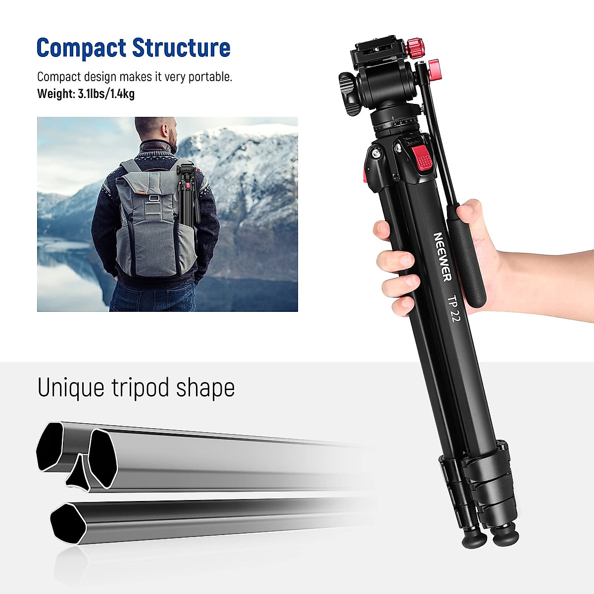 NEEWER 63"/160cm Travel Tripod, Portable Aluminum Video Tripod with Pan Tilt Fluid Head Compatible with Panasonic Sony Canon JVC Mini DV Camcorder, DSLR Camera, Max Load 17.6lb/8kg, TP22