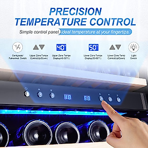 Phiestina Wine Refrigerator, 24 inch-46 Bottles Wine Cooler, Built-in Wine Fridge Under Counter or Freestanding Dual Zones, Auto Defrost with 6 Removable Shelves Glass Door for Home Office Bar