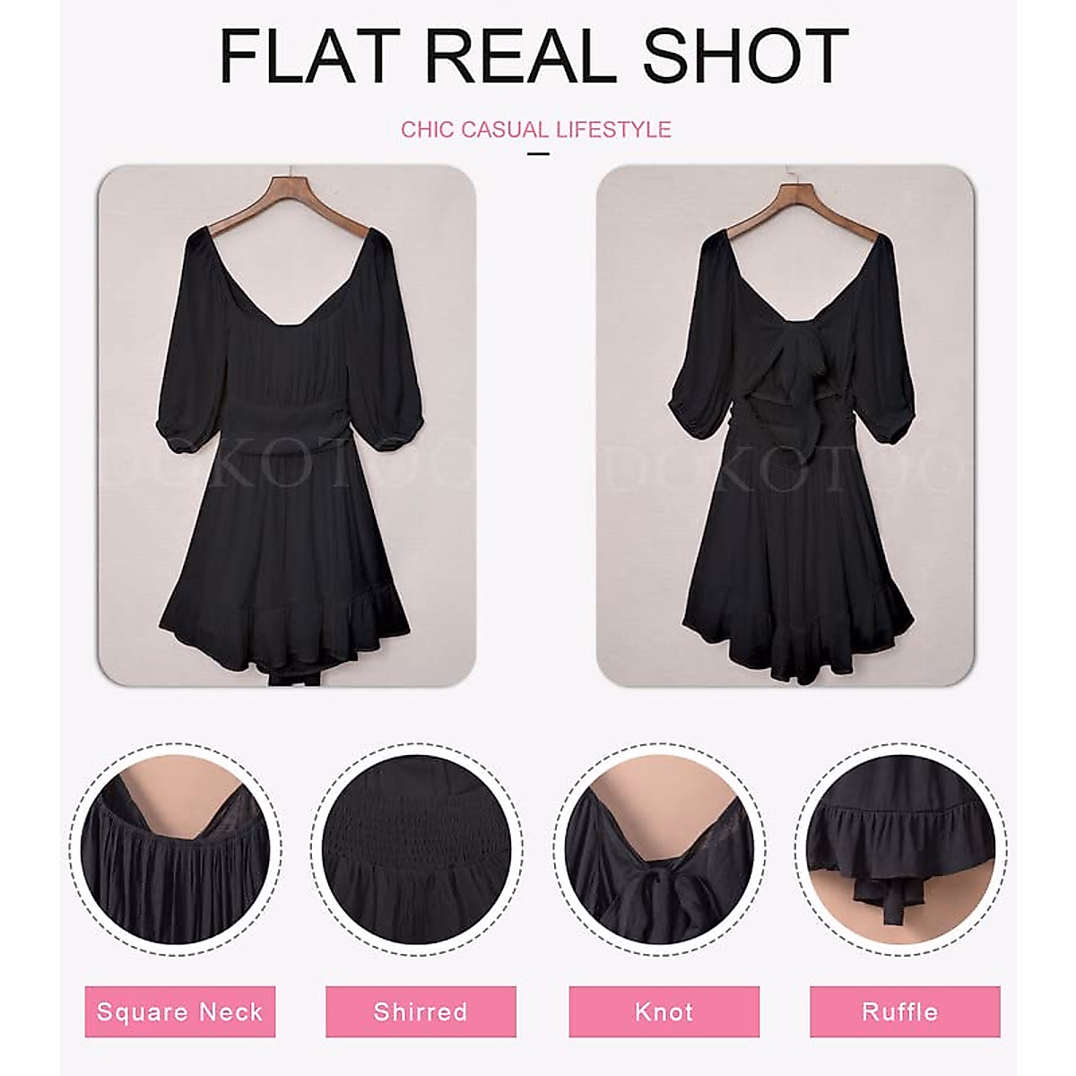 Dokotoo Square Neck Black Dresses for Women Tie Back Sexy Dress Lantern Sleeve Ruffle A-Line Mini Dress Wedding Guest Casual Summer Dresses for Women Medium