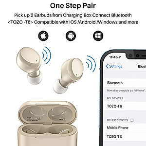 TOZO T6 True Wireless Earbuds Bluetooth 5.3 Headphones Touch Control with Wireless Charging Case IPX8 Waterproof Stereo Earphones in-Ear Built-in Mic Headset Premium Deep Bass Champagne(2022 Upgraded)