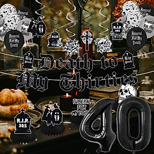 Crenics Death to My 30s Decorations - Death to My Thirties Backdrop, Banner, Honeycomb, Sash, Hanging Swirls, Cake Topper and Balloons for 40th Birthday Party Decorations for Women or Men