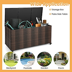 Giantex 96-Gallon Outdoor Storage Box - PE Wicker Deck Box with Lid, 4 Wheels, Waterproof Liner, outside Rattan Storage Container for Patio Cushions, Garden Tools Accessories Storage Box (Mix Brown)