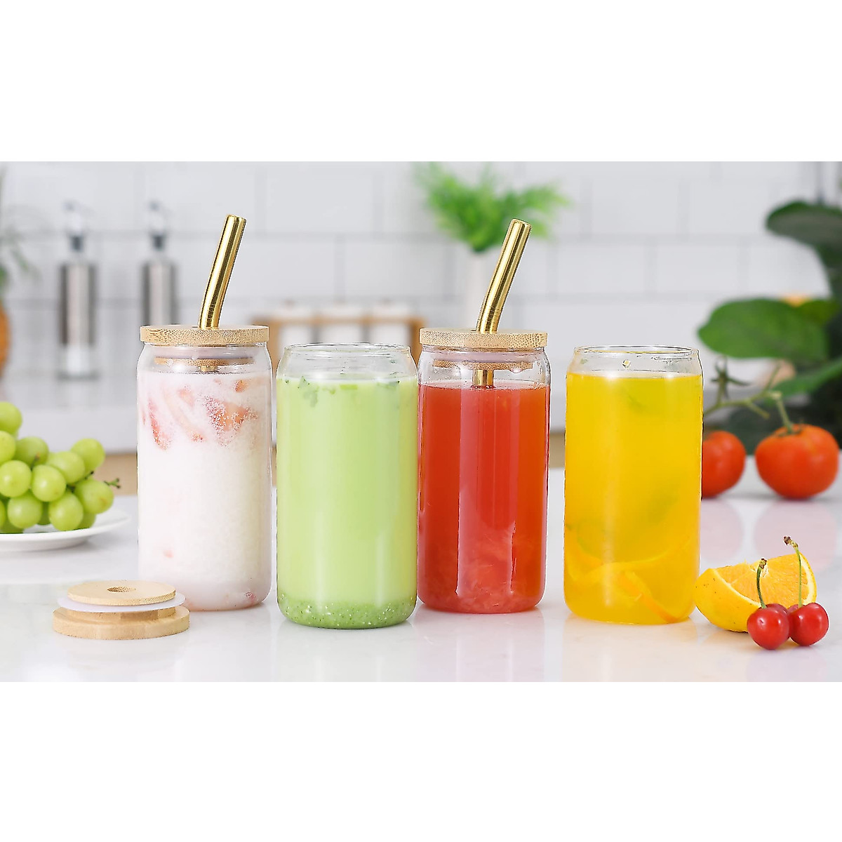 VIKEYHOME 2 Pack Drinking Glasses, Can-shaped Glass Cups with Bamboo Lids and Gold Stainless Steel Straws, 16 oz Beer Glasses, Iced Coffee Glasses, Cute Tumbler for Jam, Juices and Cocktail