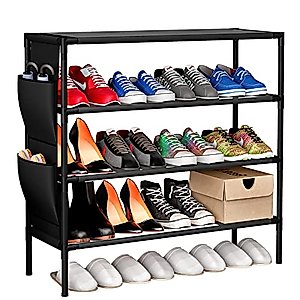 SORCEDAS Shoe Rack Storage Organizer 4 Tier Black Metal Stackable Shelf with Side Pocket for Closet Entryway Floor Hallway (4 Tier, Black)
