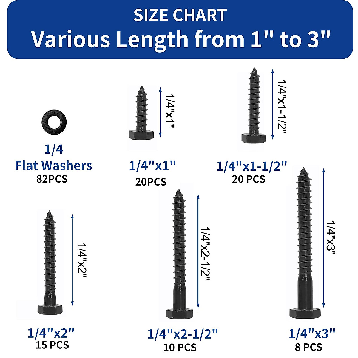 1/4 Hex Lag Bolts 1" 1-1/2" 2" 2-1/2" 3", JROUTH 155PCS Black Oxidized, Hex Lag Screws Heavy Duty Wood Screws Washers Assortment kit Stainless Steel 18-8 (304)
