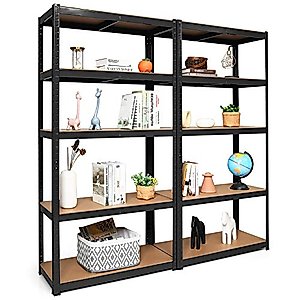 ERGOMASTER 5 Tier Utility Shelves Rack Garage Heavy Duty Steel Metal Shelving Unit with Adjustable Design, Bolt-Free Assembly & 380 LBS Wight Capacity Per Tier（Black-Set of 2）