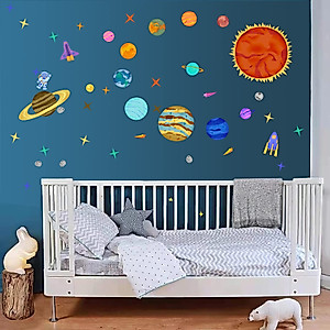 Planets in Space Wall Stickers, Solar System Wall Decals for Boys, Spaceship Stars Nursery Bedroom Playroom Wall Decor, Space Explorer Peel & Stick Wall Mural for Kids Toddler Classroom Decoration