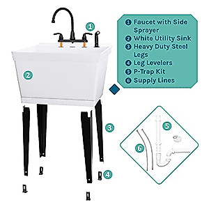 Utility Sink Laundry Tub with Gooseneck Faucet by JS Jackson Supplies, Heavy Duty Slop Sinks for Basement, Laundry Room, Garage or Shop, Large Free Standing Wash Station (Black Faucet)