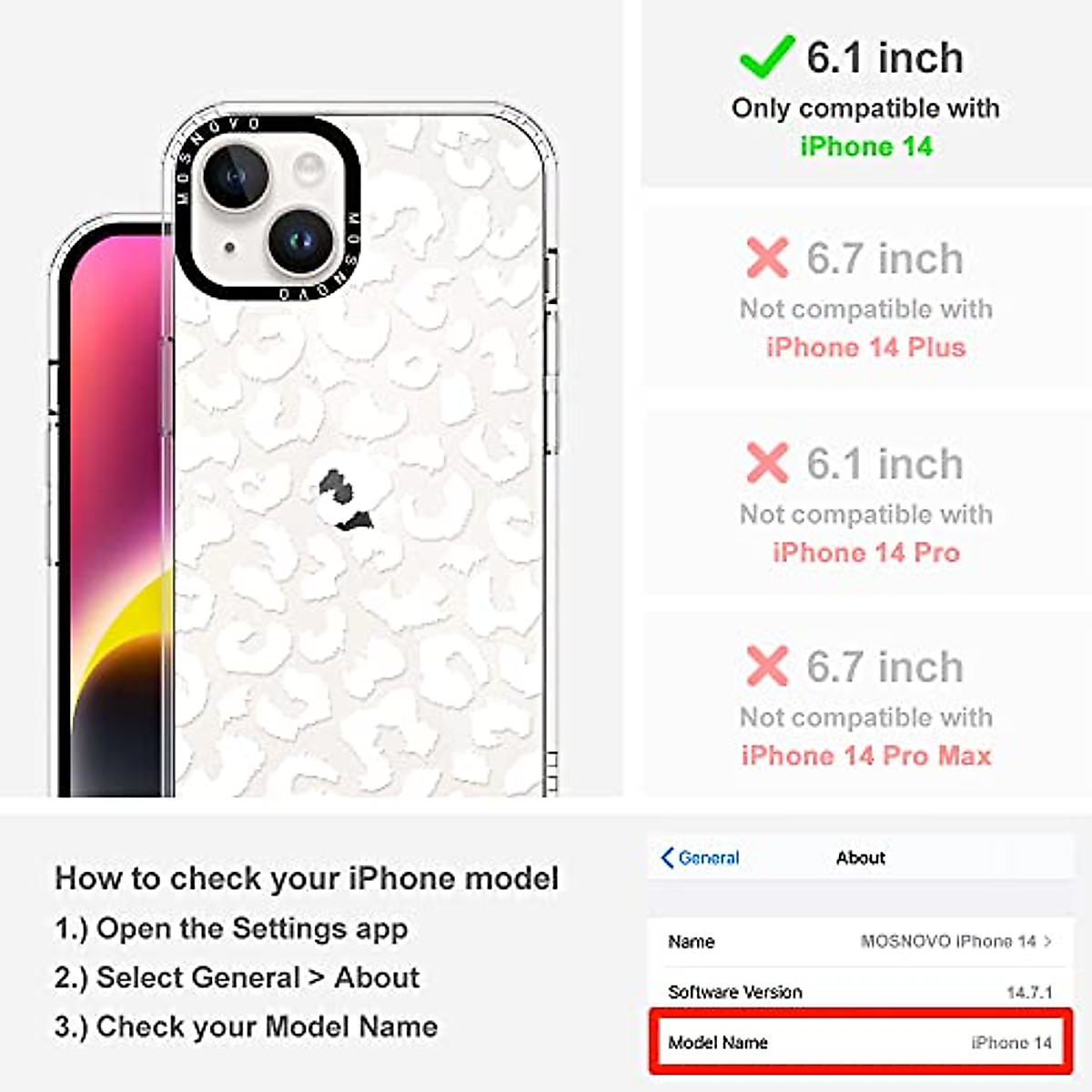 MOSNOVO Compatible with iPhone 14 Case, [Buffertech 6.6 ft Drop Impact] [Anti Peel Off Tech] Clear TPU Bumper Women Girl Phone Case Cover with White Leopard Designed for iPhone 14 6.1"