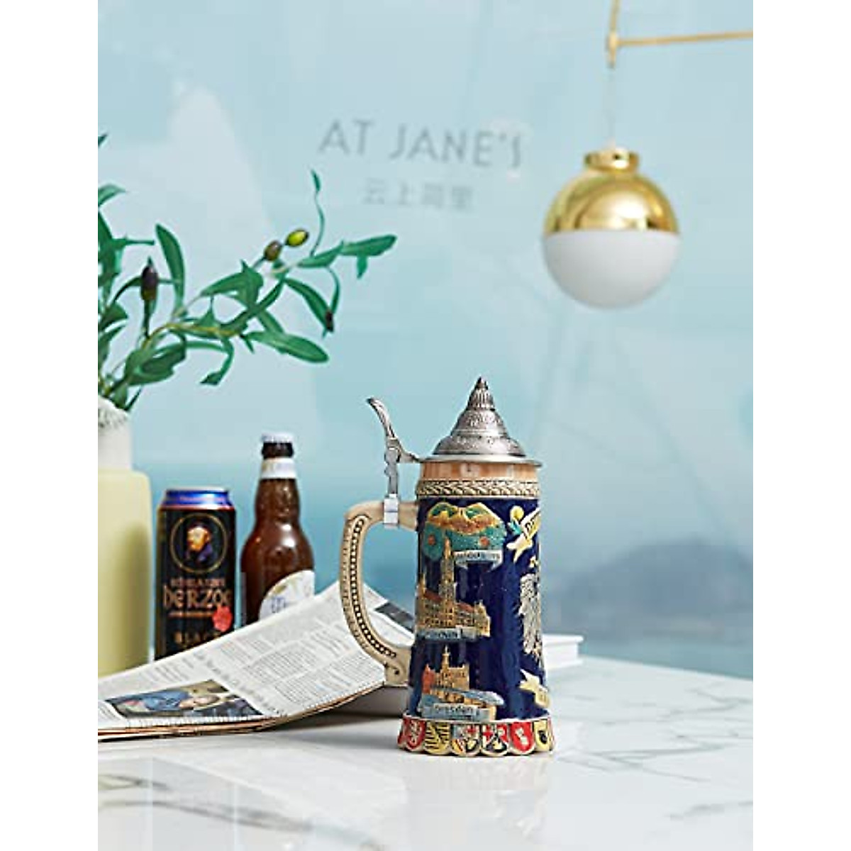 HAUCOZE Beer Stein Mug German Coats of Arms Stanley Viking Tankard with Petwer Lid Birthday Gifts 0.6Liter