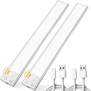 SUPERDANNY 47 LED USB-C Rechargeable Motion Sensor Under Cabinet Lights, 12" Closet Lights, 6000K Dimmable Under Counter Lights for Kitchen Wardrobe Stair, 2 Pack