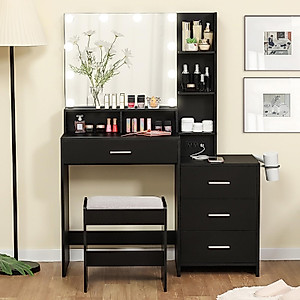 usikey Large Vanity Table Set with Lighted Mirror & Charging Station, Makeup Vanity Dressing Table with 4 Storage Shelves and 4 Drawers, Vanity Desk with 3-Drawer Chest and Cushioned Stool, Black